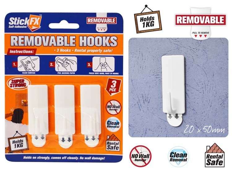 3PCE SELF - ADHESIVE HOOKS-1KG-REM-5cm H | The Famous Arthur Daley's